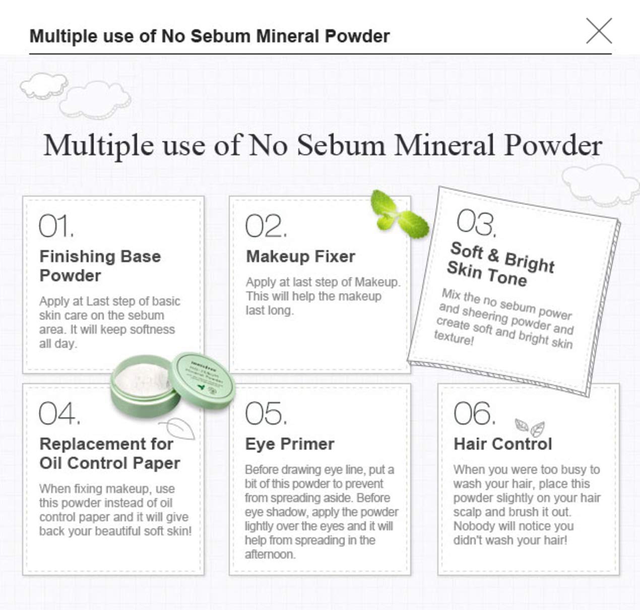 SoltreeBundle 2pcs No Sebum Mineral Powder 5g Korea Skincare with SoltreeBundle Oil Blotting Paper 50pcs