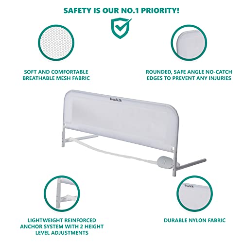 Dream On Me Adjustable Mesh Bed Rail in White, Two Height Levels, Breathable & Durable Fabric, Lightweight and Portable Bed Rail for Toddlers
