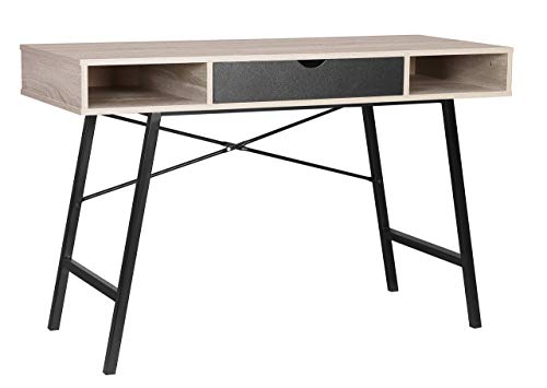 JJS 48" Home Office Writing Desk with Drawers, Modern Computer Study Wooden Desk Table Laptop PC Workstation with Storage, Mid Century Black