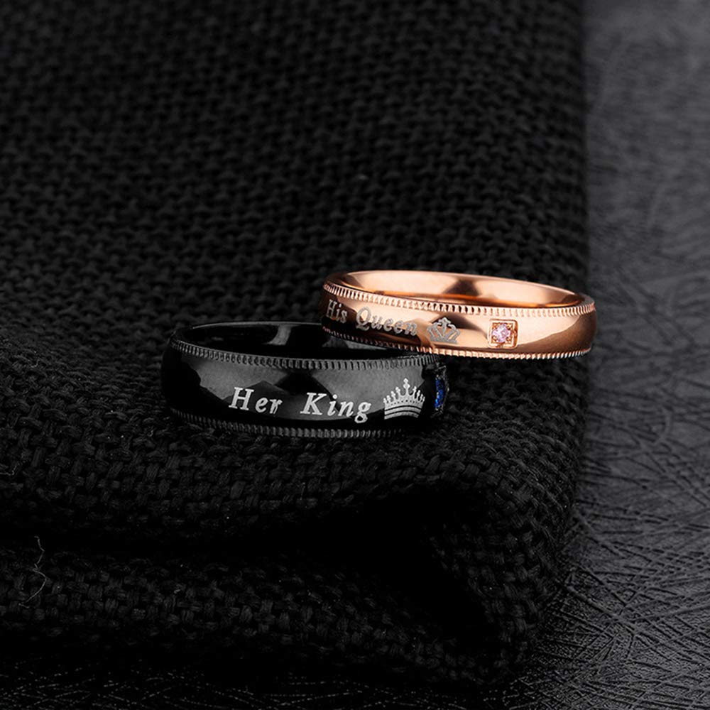 2pcs Matching Set Couple Rings Stainless Steel Promise Rings with His Queen and Her King Wedding Engagement Band