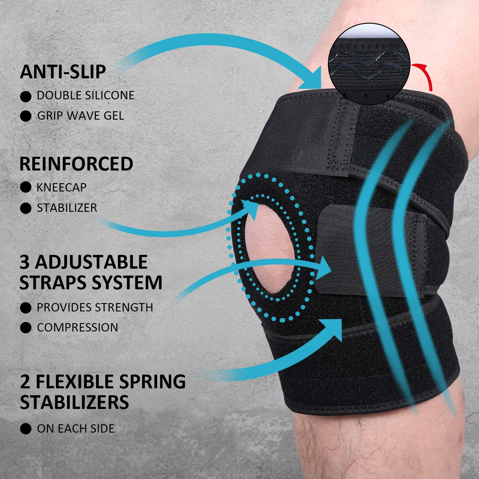2 Pack Knee Brace Relieves Pressure, Knee Support help Athletic Injury Recovery, Arthritis Tendonitis Pain and Meniscus Tear, Non-Silp with 3 Point Adjustable Compression, Open Patella Avoid Injury