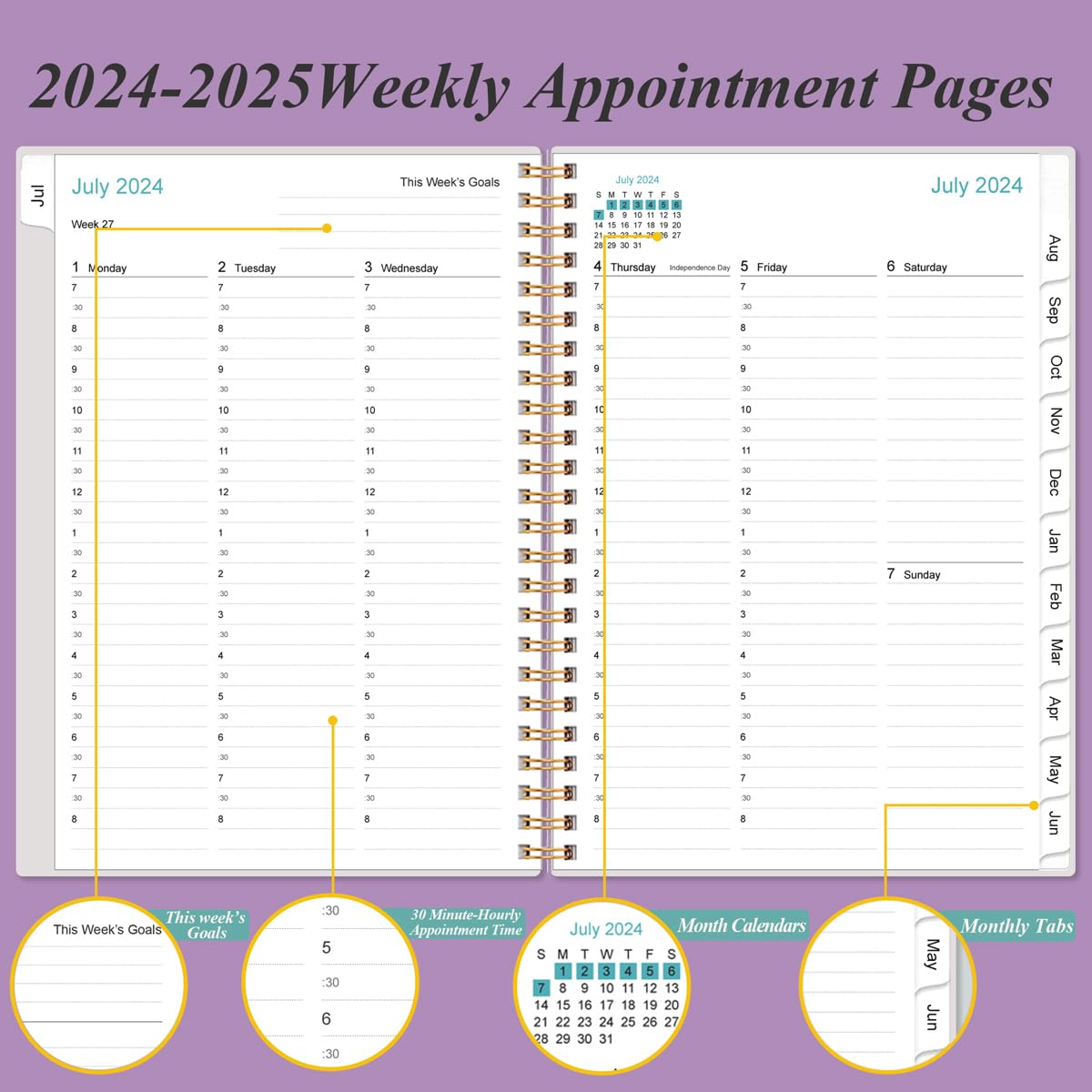 2024-2025 Appointment Book & Planner - A5 2024-25 Daily Hourly Planner from July 2024 - June 2025, Weekly Appointment Book with 30-Minute Interval, Medium 6.4" x 8.5", Purple