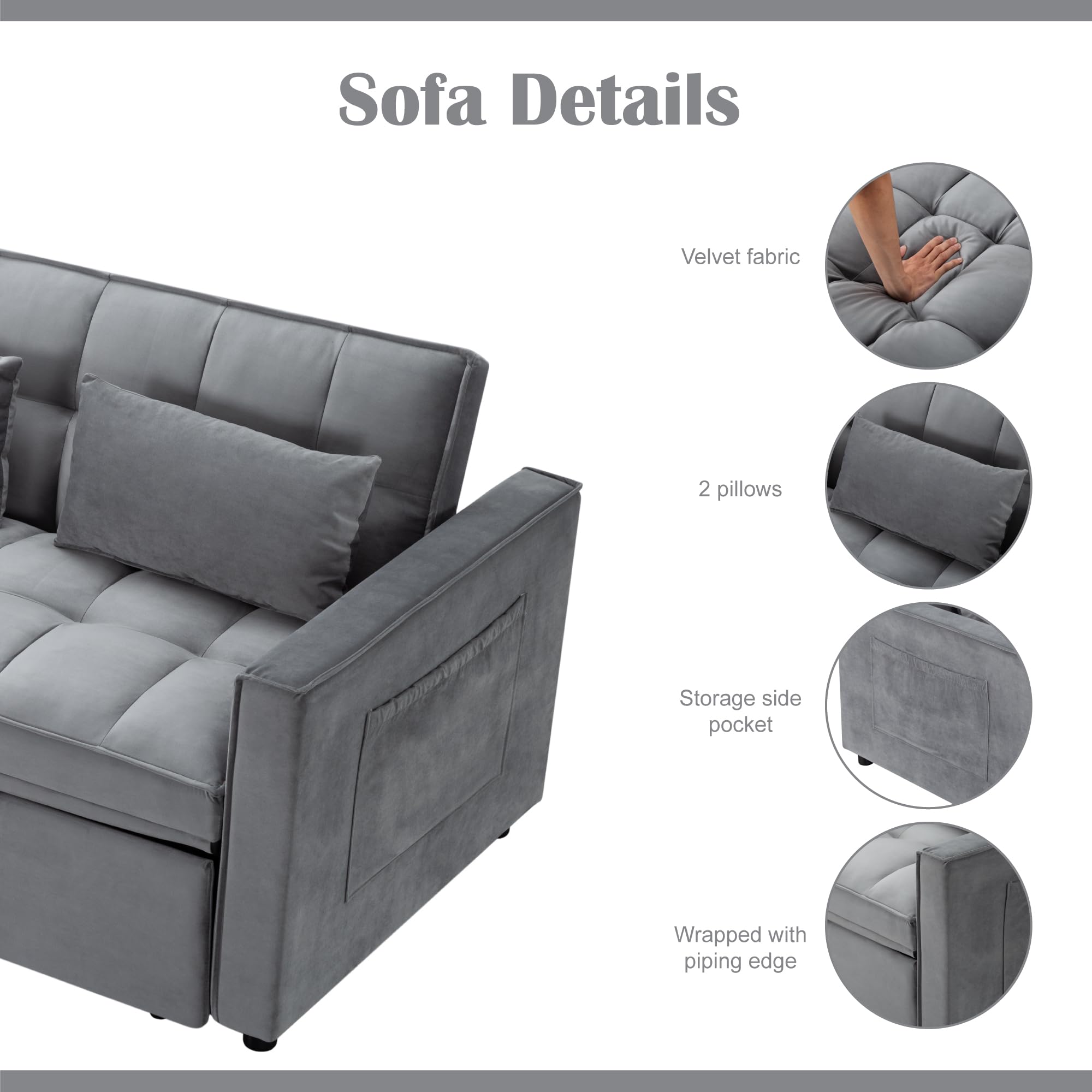 55 Inch Sleeper Sofa Bed 3-in-1 Futon Sofa Couch 2-Seater Loveseat with Tuft Design and Side Storage Pocket, Soft Pillows, Multipurpose Velvet Sleeper Sofa Bed