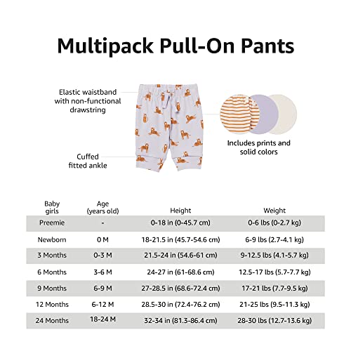 Amazon Essentials Baby Girls' Cotton Pull-On Pants, Pack of 4, Grey Hearts/Light Pink/Navy/Pink, 6-9 Months