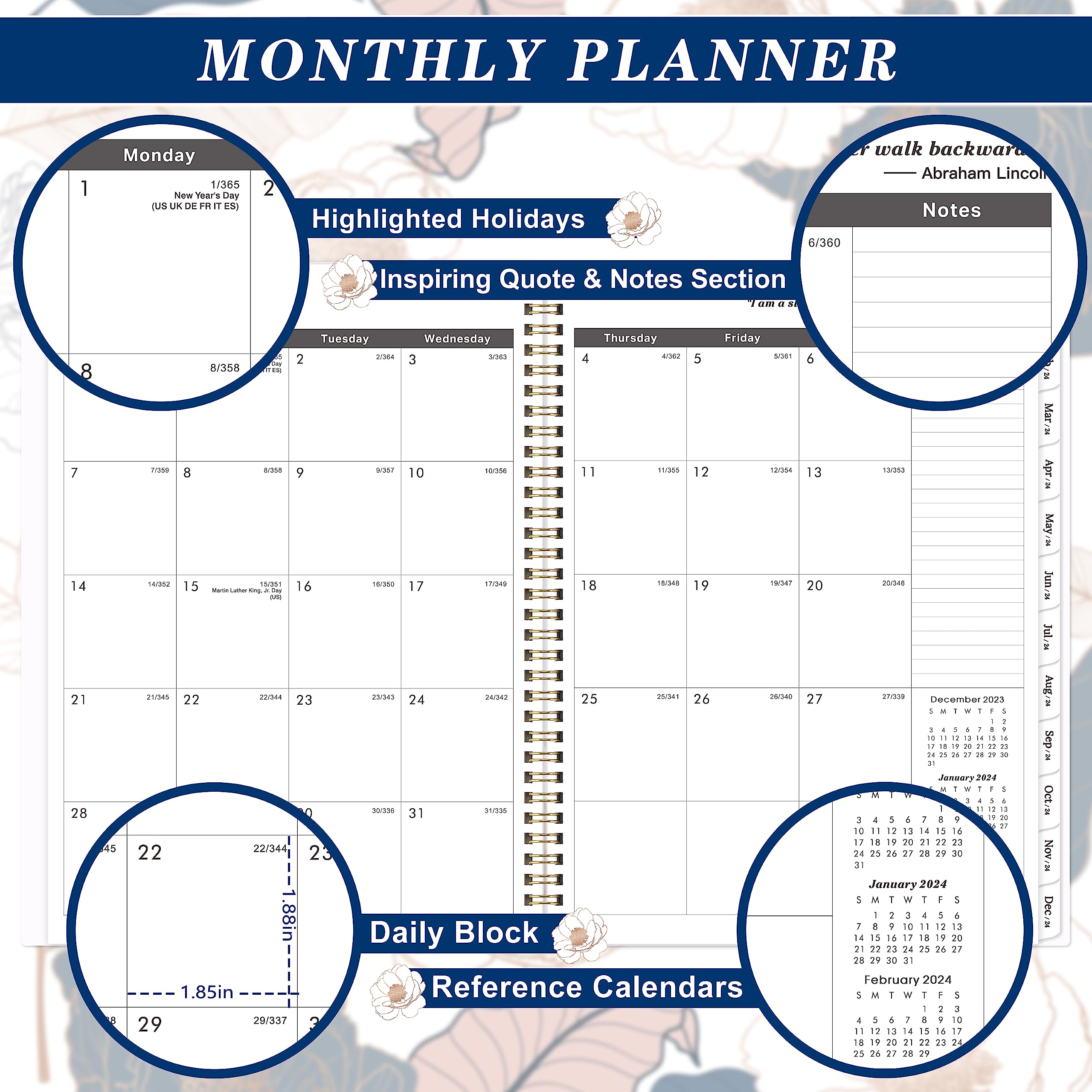 2024-2025 Monthly Planner/Calendar - Jan. 2024 - Dec. 2025, Monthly Planner 2024-2025, 9" × 11", Two-Year Monthly Planner with Flexible Cover, Twin-Wire Binding, Monthly Tabs, Pockets, Thick Paper -