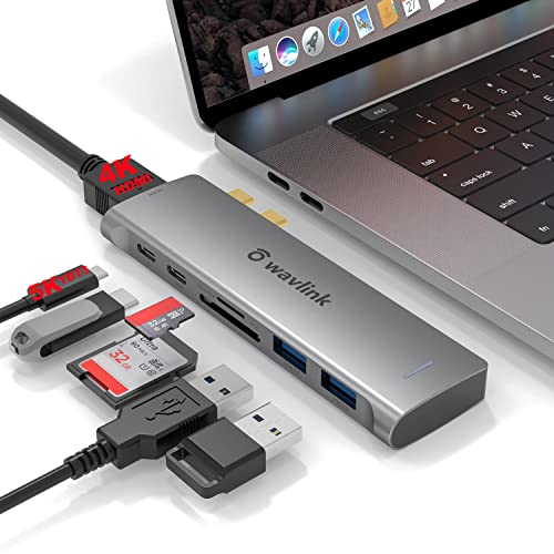 WAVLINK USB C Hub, 7-in-2 Type C Adapter Mini Docking Station with Thunderbolt 3 USB C Port, 4K HDMI, 2 USB 3.0, SD/TF Card Reader, 100W PD for MacBook Pro 2016-2020 MacBook Air 2018-2020