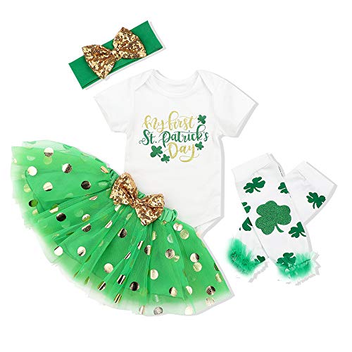 KANGKANG St Patricks Day Baby Girl Outfit 6-9 months My First St Patricks Day baby girl outfit Romper + Green Lace skirt + Socks + Headband 4Pcs Spring Set