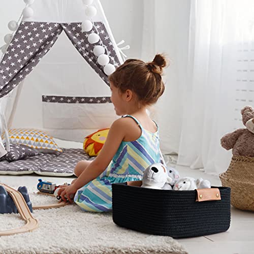CHICVITA Rectangle Cotton Rope Woven Basket with Handles for Books, Magazines, Toys - Decorative Rectangle Basket for Baby Nursery, Living Room, Bathroom, Black