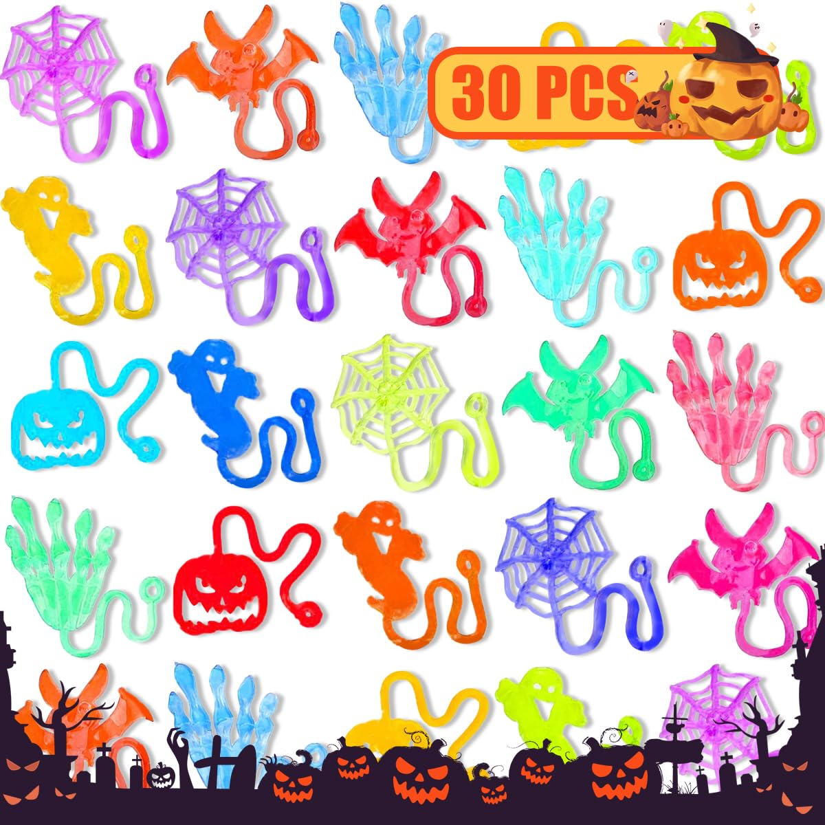 30pcs Halloween Sticky Hands Party Favors Toys for KidsοΌSkull Skeleton Bat Ghost Pumpkin Styles Sticky Stretchy Toys For Goodie BagsοΌClassroom Prizes Halloween Trick or Treat, Halloween Exchange Toys