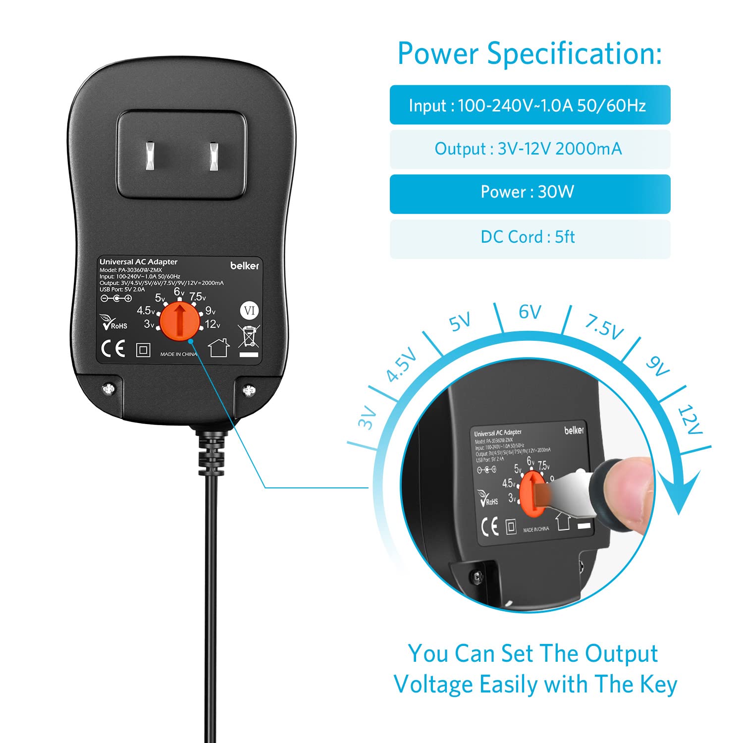 Belker 30W Universal 3V 4.5V 5V 6V 7.5V 9V 12V AC DC Adapter Power Supply for LED Light Strip Router Speaker Smart Phone Tablet CCTV IP Camera TV Box 0.5A 1A 1.5A 2A 2000mA Amp - with 5V 2A USB