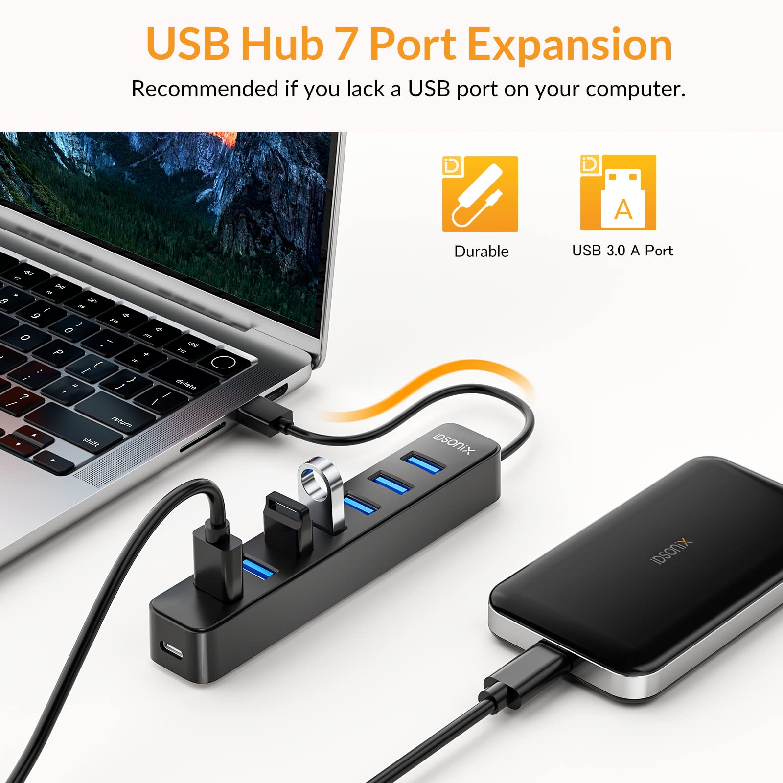 USB Hub, iDsonix USB Splitter Hub 7 Ports Portable Hub USB Hub Multi Port USB Expansion Hub Extension Extender for Laptop, iMac, Surface Pro, XPS, USB Flash Drives, Mobile HDD, Printer, Camera, etc
