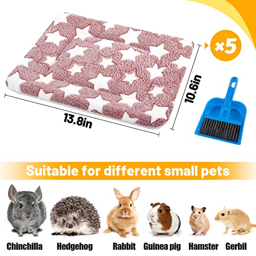 MEWTOGO 5 PCS Rabbit Guinea Pig Hamster Bed Mat - Small Animal Winter Sleep Bedding Fleece Mats with Cleaning Dustpan Brush, Thickened Plush Soft Warm for Chinchilla Squirrel Hedgehog