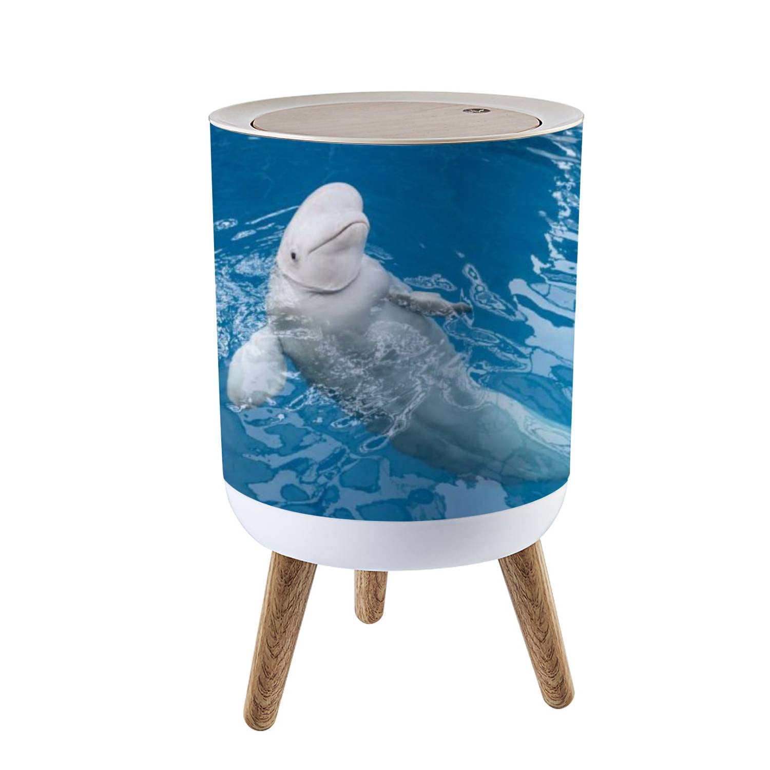 JWHFZMANPYK Round Trash Can with Lid Beluga Whale Press Top Recycle Bin Small Garbage Can Dog Proof Wastebasket Wooden Legs Bathroom Kitchen 7L/1.8 Gallon