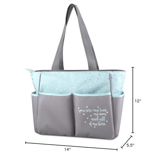 Baby Essentials Diaper Bag Tote 5 Piece Set with Sun, Moon, and Stars, Wipes Pocket, Dirty Diaper Pouch, Changing Pad (Grey/Aqua)