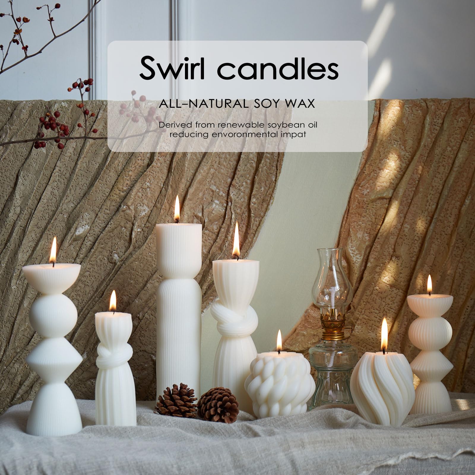 7 Pcs Large Modern Ribbed Candles Beautiful Handmade Pillar Housewarming Gift Home Room Shelf Decor Idea Spiral Soy Wax Candle White