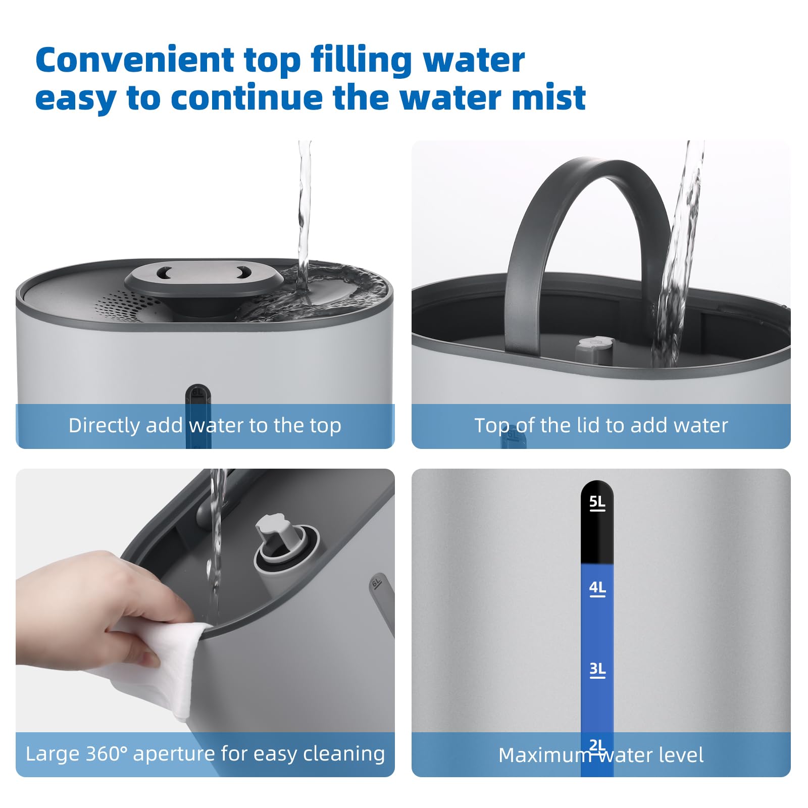5L Humidifiers for Bedroom and Plants, Ultrasonic Cool Mist Humidifiers for Baby home Mist Top Fill Desk Humidifiers Essential Oil Diffuser, Quiet Humidifiers with Adjustable Mist,360°Nozzle-Gray