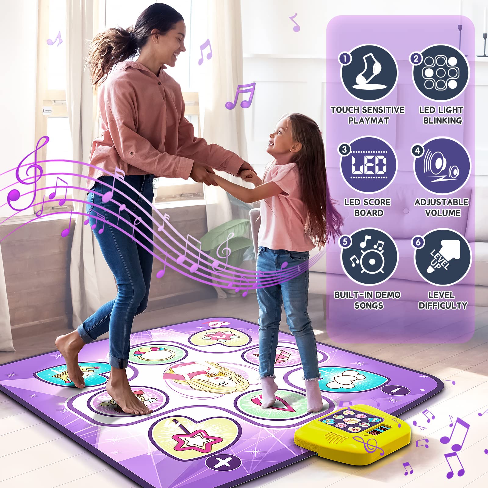 beefunni Dance Mat for Girls 3 4 5 6 7 8 9 10+ Year Old, 5 Game Modes, Birthday Gifts Toys for Kids, Dancing Pad with Adjustable Volume, LED Lights