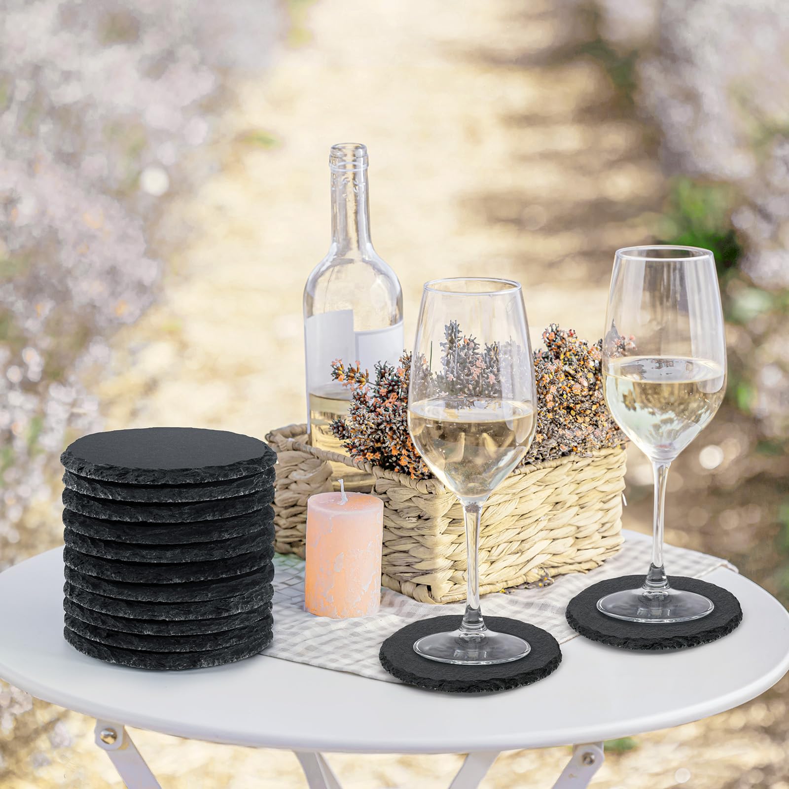 48 Pcs Coasters for Drinks, MAPRIAL 4 Inch Slate Coasters Black Stone Coaster Set Round Natural Handmade Rustic Rock with Anti-Scratch Bottom for Coffee Table, Home Decor, Cup, Bar, Housewarming Gifts