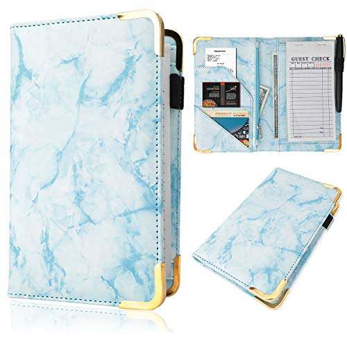 Server Book - Waitress/Waiter Book Organizer with Zipper Pouch, Guest Check Book Holder Money Pocket Restaurant Waitstaff Organizer (Blue)