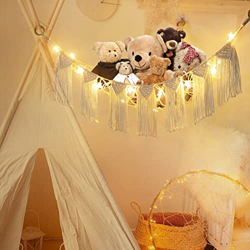 Dremisland Stuffed Animal Toy Hammock with Fairy Lights Macrame Boho Plush Toy Net Hammock with Tassels-Stuff Animals Organizer Storage Corner Plush Toys Net Holder for Nursery Play Room, Kids Bedroom