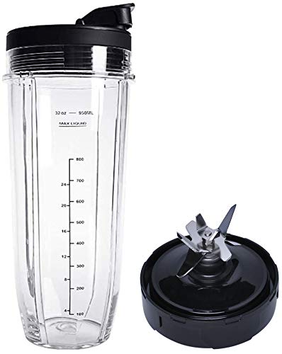 32OZ Replacement Cup with Flip Top To-go Lid & 7 Fins Blade Compatible with Nutri Ninja Auto Blender BL482 BL480-30 BL482-30 BL682