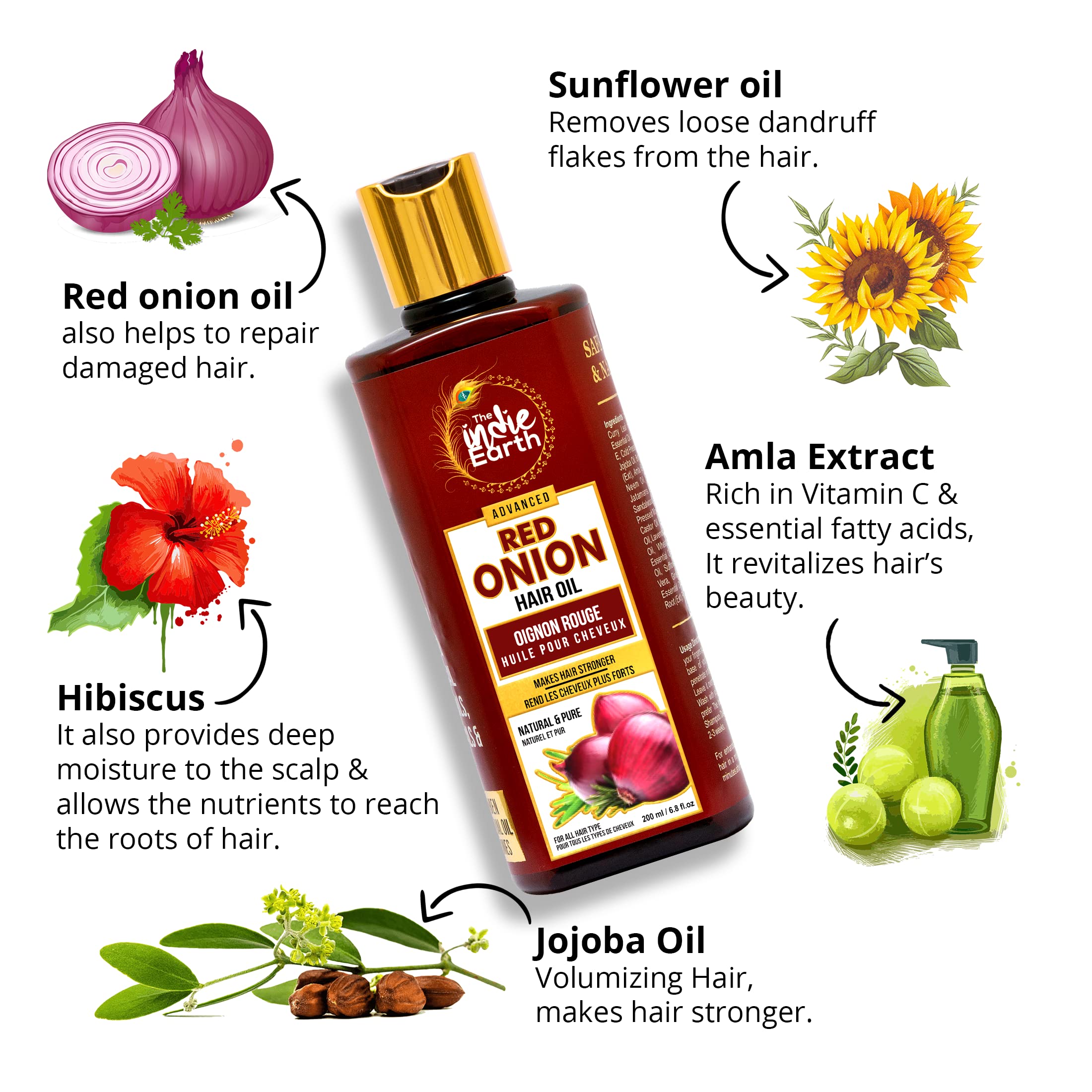 Red Onion Shampoo with Caffeine, Curry Leaf, and Indian Alkanet Root – Advanced Formula for Hair Fall Control, Split Ends Repair, and Dandruff Reduction – Gentle & Chemical-Free – 200ml