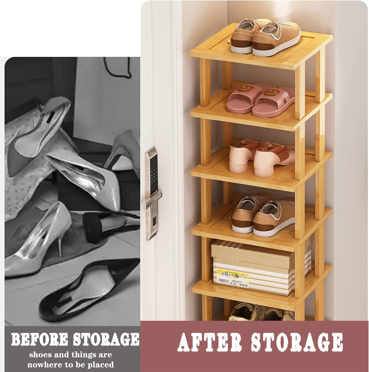 7 Tiers Bamboo Shoe Rack,Vertical Shoe Rack for Small Spaces,Tall Narrow Shoe Rack Organizer for Hallway,Closet Entryway Corner Garage and Bedroom,Skinny Shoe Shelf Free Stackable,Space Saving Storage