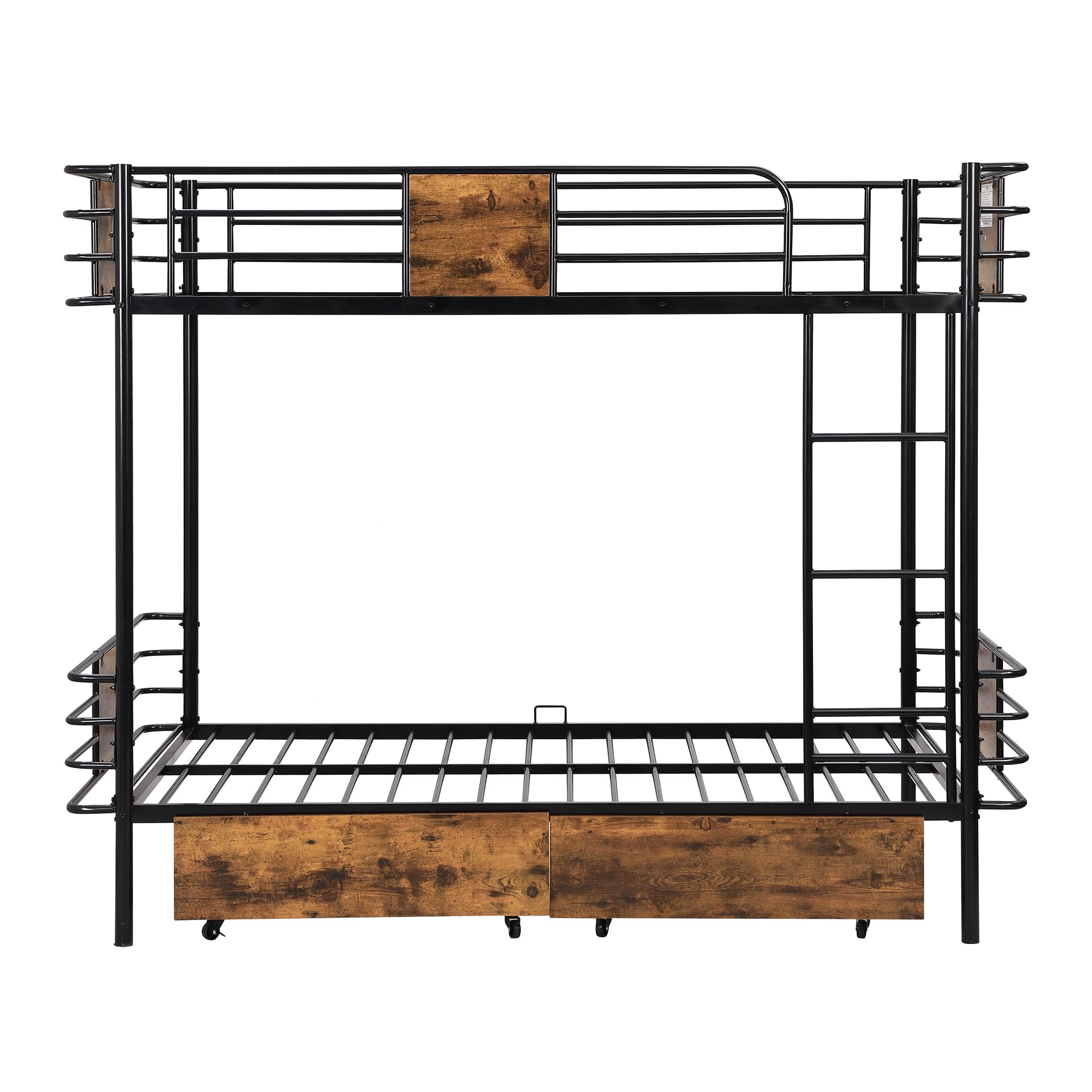 Bunk Bed Twin XL Over Twin XL, Metal Bunk Bed with Storage Drawers and MDF Board Guardrail, Modern Industrial Bunk Bed for Kids Boys Girls Teens, Black