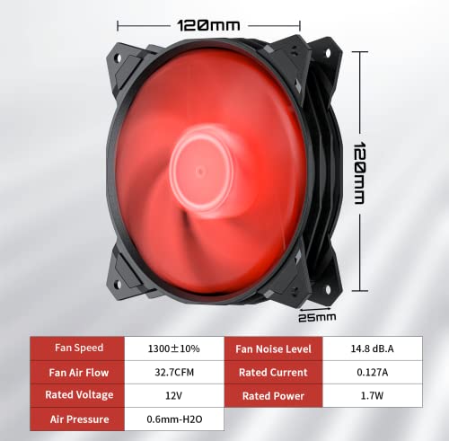 upHere Long Life 120mm 3-Pin High Airflow Quiet Edition Red LED Case Fan for PC Cases, CPU Coolers, and Radiators 3-Pack,PF120RD3-3