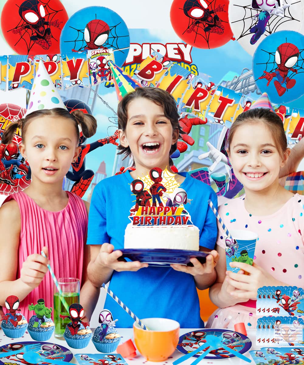 203PCS Birthday Party Supplies and Decorations for Kids, Serves 10 Guests with Backdrop, Banner, Invitation Cards, Cake Topper, Foil Balloon, Swirls, Balloons, Stickers, Tableware