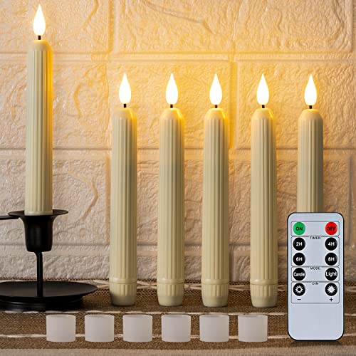 5plots Flameless Taper Candles Flickering with Remote Timer, 7 Inch Ivory Battery Operated Led Taper Candles, 6Pcs Plastic Roman Column Floating Taper Candles, Candlesticks for Halloween Christmas