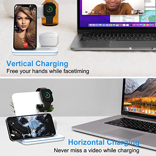Charging Station for iPhone Multiple Devices, Foldable 3 in 1 Fast Charging Stand Dock for AirPods 3/2/1/Pro & iPhone 6-14 Series, Apple Watch Charger for Apple Watch Series with Adapter