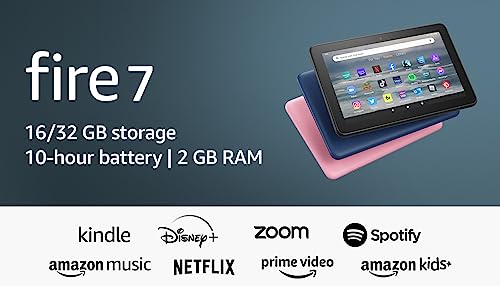 Amazon Fire 7 tablet, 7” display, 16 GB, 10 hours battery life, light and portable for entertainment at home or on-the-go, (2022 release), Denim