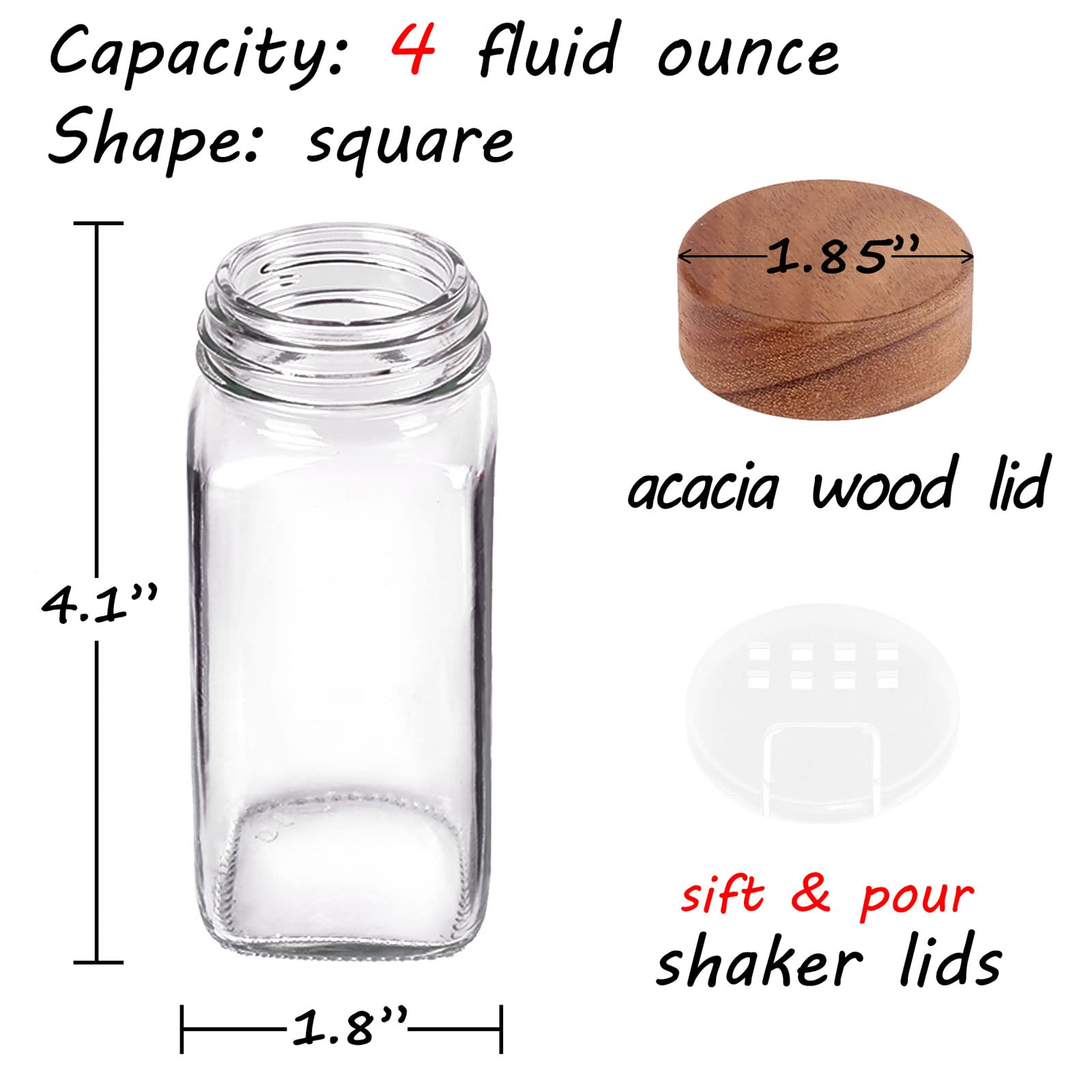 24 Spice Jars with 547 Labels - Glass Spice Jars with Shaker Lids - 4 Oz Square Spice Containers with Acacia Wood Lids, Chalk Pen, Funnel- Churboro Seasoning Jars for Spice Rack, Cabinet, or Drawer