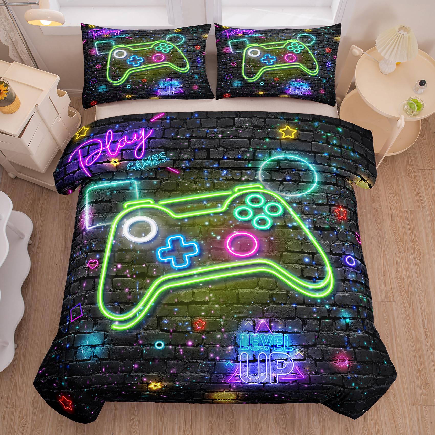 MWMWMW Gaming Comforter Sets for Boys, Kids Comforter Sets for Boys, Boys Full Size Bedding Set, Boys Bed Sets Full, Gamer Comforter for Boys Bedroom Decor (1 Comforter +2 Pillowcases