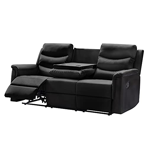 3 Seaters Manual Wall Hugger Chair RV Sofa, Faxu Leather Double Reclining Sectional Loveseat Couch with Fold-Down Table 2 Cup Holders & Pillow Top Armrest for Living Room/Apartment/Office/Theater