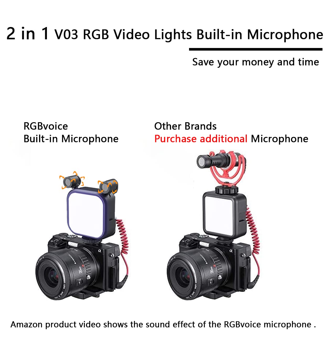 2 Pack Professional Wireless Lavalier Microphone for Android, iPhone iPad RGB Video Lights, LED Camera Light with Dual Stereo Microphone 360° Full Color Portable Photography Lighting