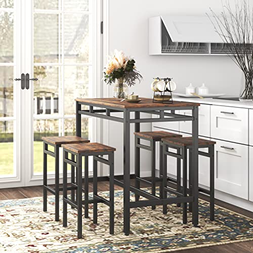 5 Piece Dining Set, Dining Table with 4 Stools, Home Kitchen Breakfast Table, Bar Table Set, Bar Table with 4 Bar Stools, Kitchen Counter with Bar Chairs (Rustic Brown)