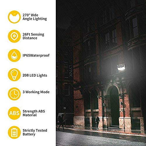 208 LED Outdoor Solar Lights, Motion Sensor Lights, 3 Lighting Mode, 270° Wide Angle, Waterproof and Durable, Easy to Install, for Home Garden Garage Yard Deck