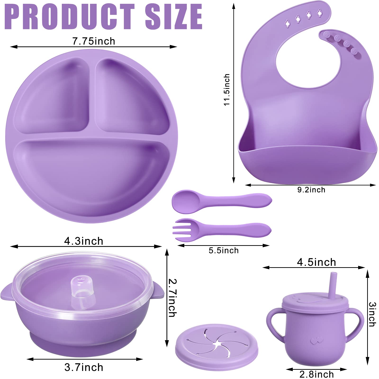 3 Sets Baby Led Weaning Supplies, Silicone Baby Feeding Set with Divided Plate Adjustable Bib Suction Bowl with Lid Snack Cup Soft Spoon Fork, Self Eating Utensil (Beige, Orange, Mint)