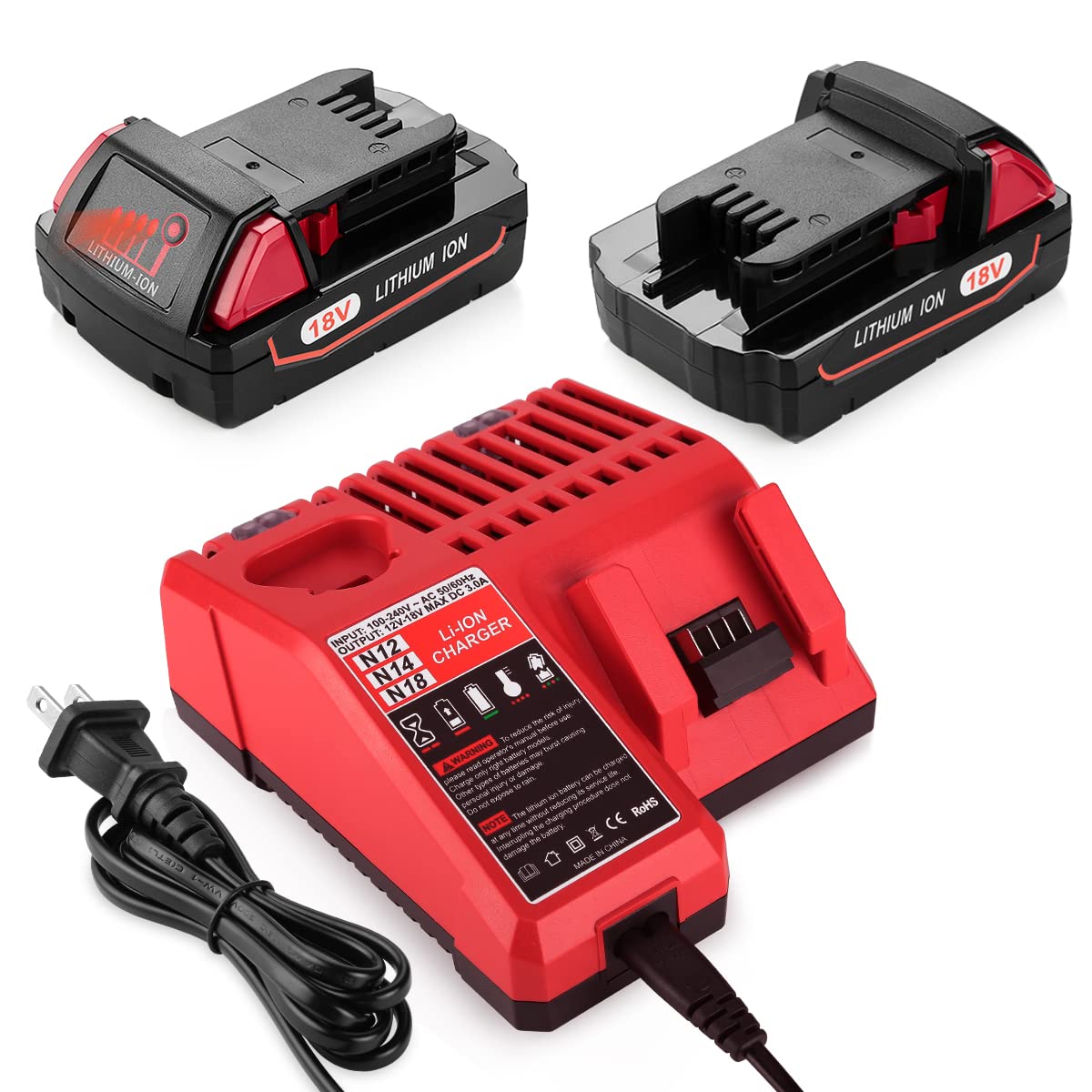 2Pack Replacement for m18 Battery Milwaukee 18V Lithium Starter Kit, 48-11-1815 48-11-1820 48-11-1828 18Volt Milwaukee M18 Battery XC + 48-59-1812 Charger for 18V Milwaukee M18 Battery
