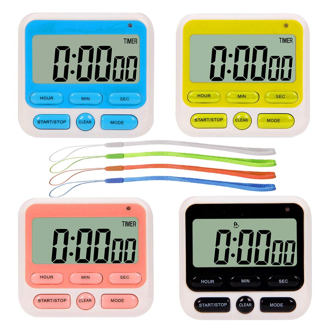 24-Hours Digital Kitchen Timer, Upgraded 12-Hour Display Clock, Big Digits, Loud Alarm, Magnetic Backing Stand, Count-Up & Count Down, Kids Timers for Cooking Baking Classroom Teachers Games(4 Pack)