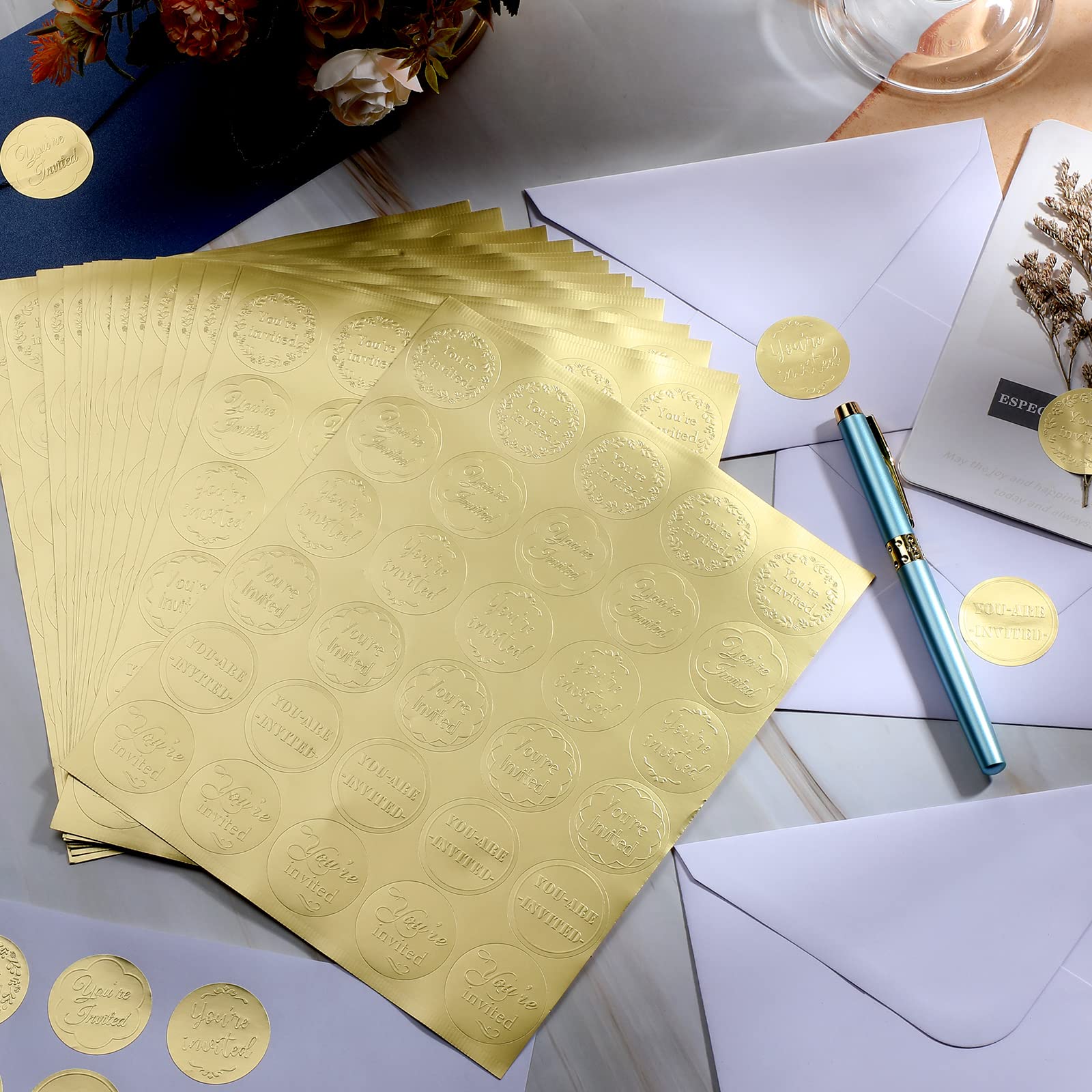 540 Pcs You're Invited Round Embossed Foil Seals Embossed Aluminum Foil Sticker Envelope Seal Stickers Gold Seal Stickers Gold Envelope Seals for Wedding Invitation Envelopes Present Decoration