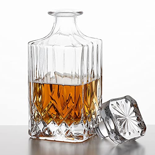 GoodGlassware Whiskey Decanter and Glasses (5 Piece Set) – Elegant Liquor Carafe with Ornate Solid Glass Stopper and 4 Matching Whisky Tumblers - Lead-Free and Dishwasher Safe Transparent