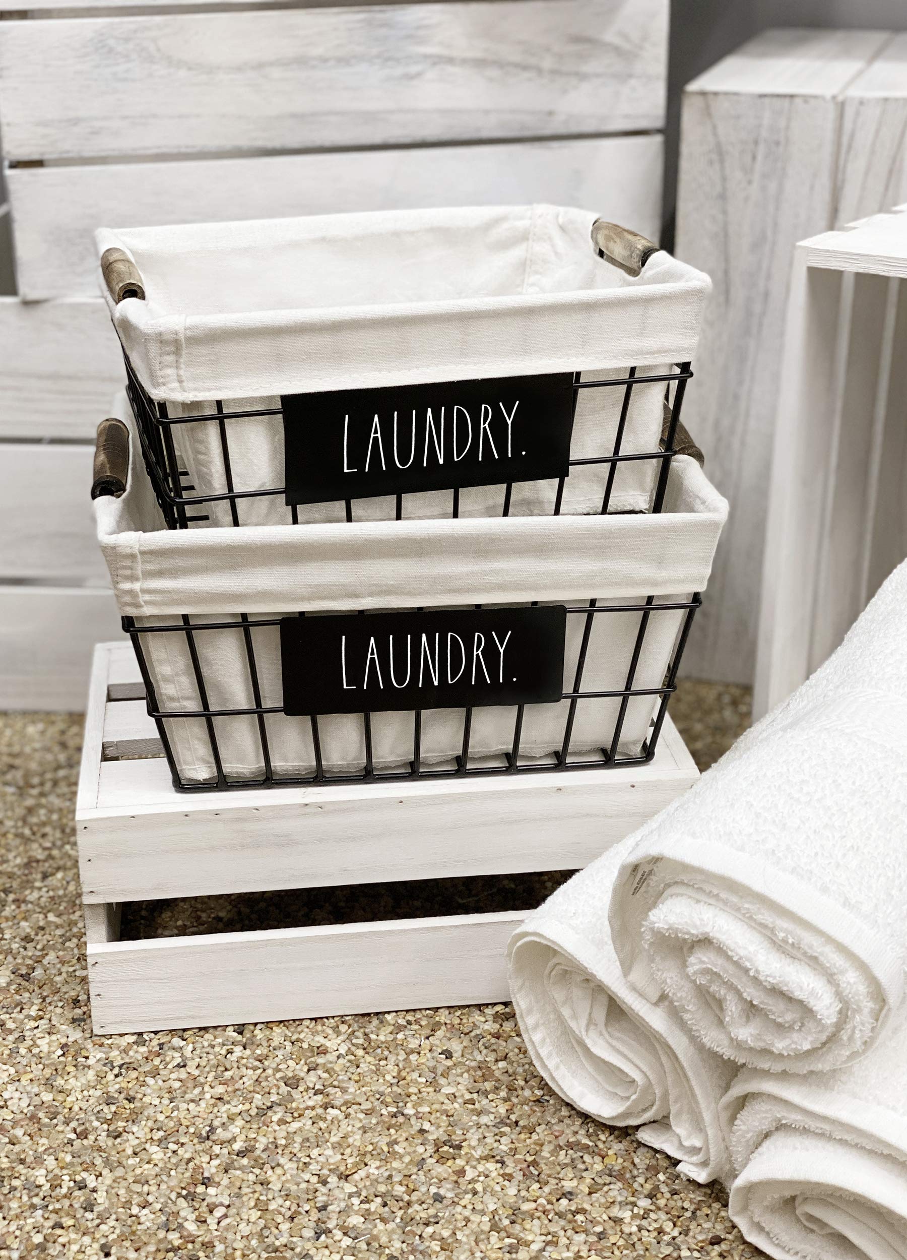 Rae Dunn Wired Storage Baskets Set of 2 - Rustic Organizers with Fabric and Metal Lining – Stylish Supply Bin for Bathroom, Laundry Room, Closet, Nursery - Cute Home Décor with “Organize” Sign
