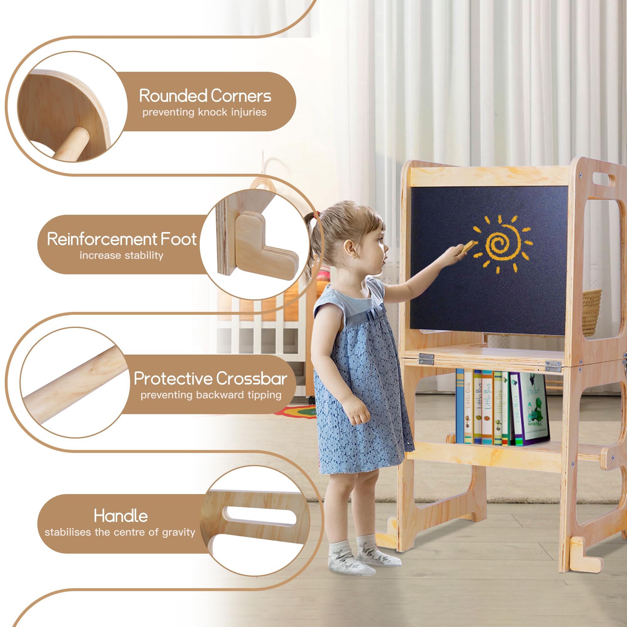 lesolar 3-in-1 Toddler Standing Tower, Kids Kitchen Step Stool Helper, Montessori Assistant Tower Suitable for Toddlers and Children from 1-6 Years Old Kitchen Blackboard Tower with Safety Rail