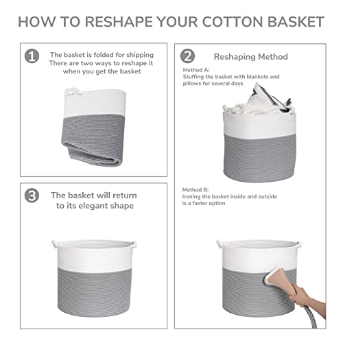 Goodpick Cotton Rope Basket with Handle for Baby Laundry Basket Toy Storage Blanket Storage Nursery Basket Soft Storage Bins-Woven Basket, 15'' × 15'' × 14.2''