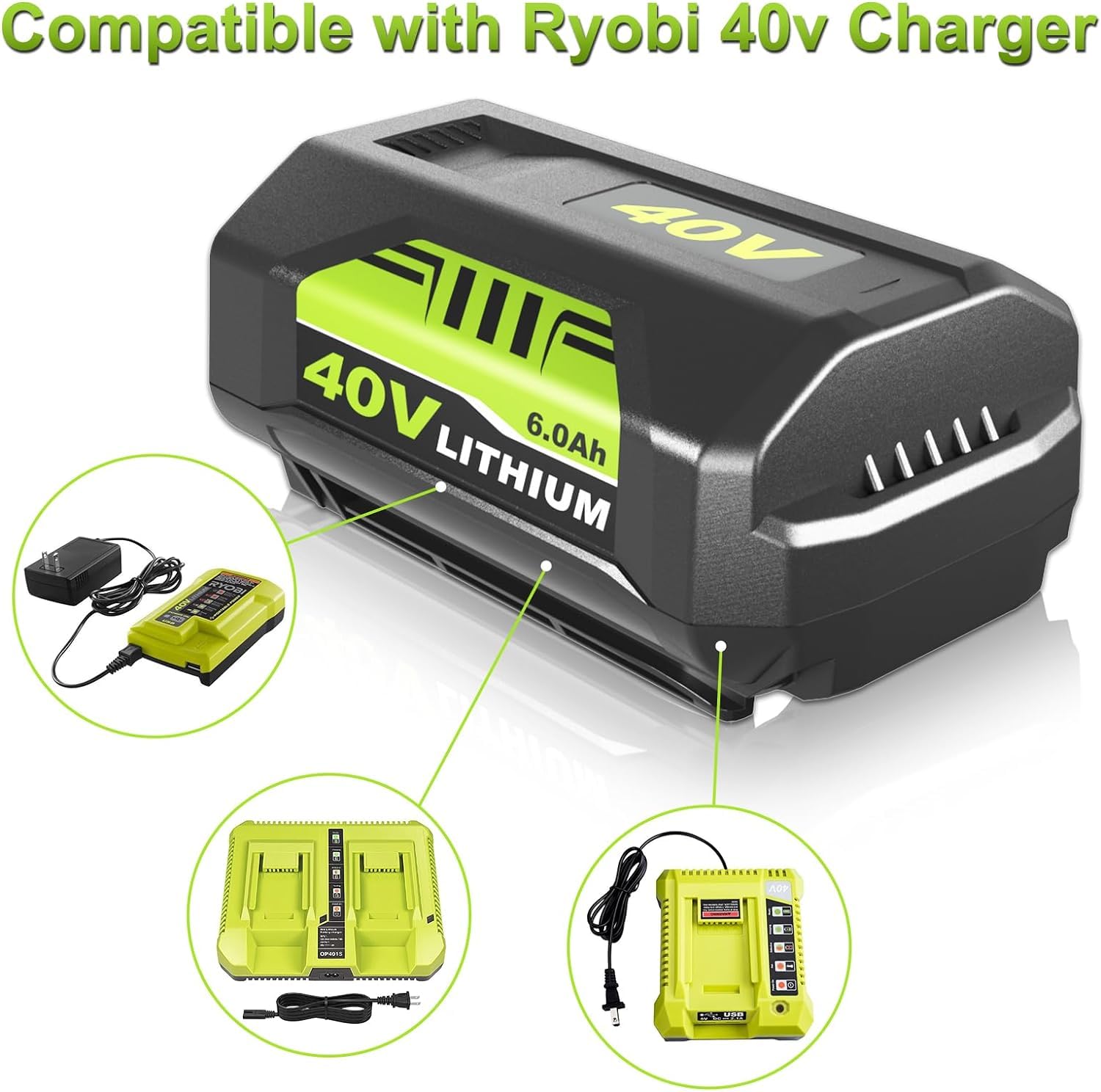6.0Ah Replacement for Ryobi 40V Battery Lithium Ion Compatible with Ryobi 40 Volt Battery Lithium OP4026A OP4015 OP4040 OP40201 OP4050A OP4015 OP40261 OP4030 OP40401 OP4060 Cordless Power Tools