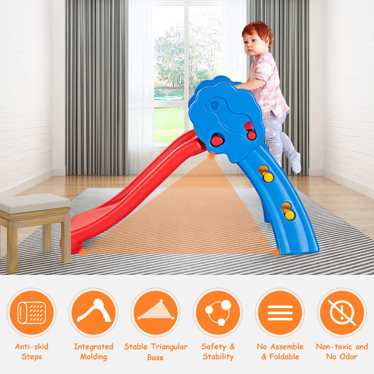 BABY JOY Folding Slide, Indoor First Slide Plastic Play Slide Climber for Kids (Floral Rail)