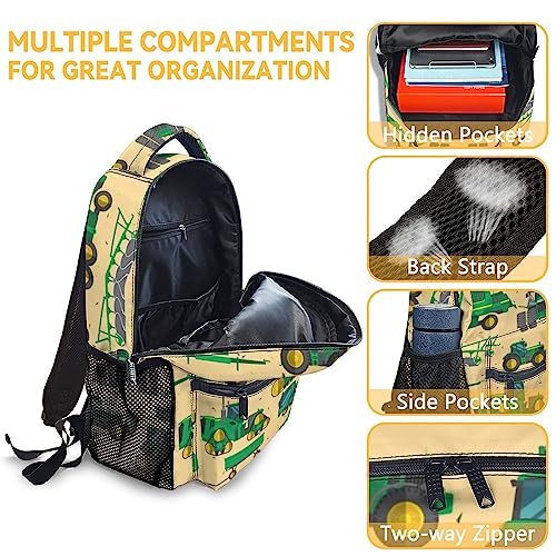AIOMXZZ Tractor School Backpack for Kids, 16 Inch Green Backpacks for Boys, Cartoon, Durable, Lightweight, Large Capacity Bookbag for Travel